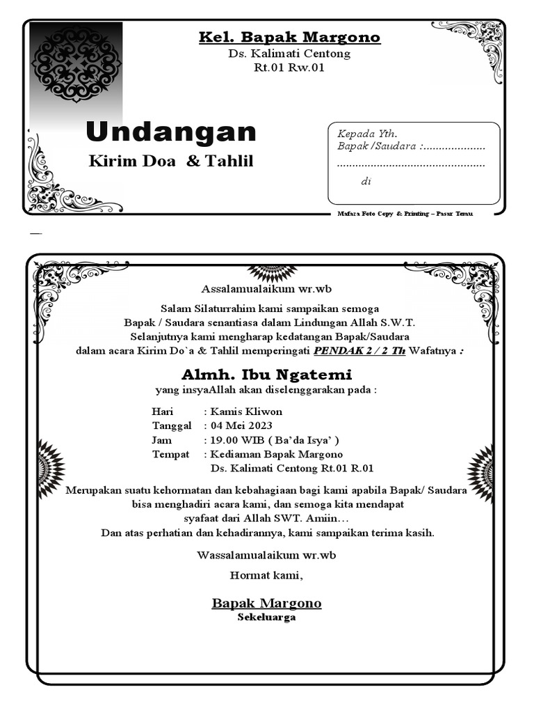 Undangan Kirim Do'a & Tahlil | PDF