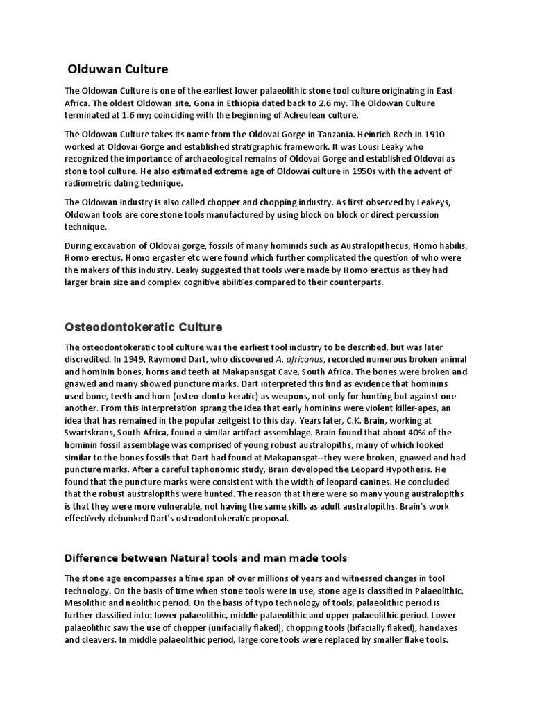 Olduwan Culture and Osteodontokeratic Culture | PDF | Homo | Paleolithic