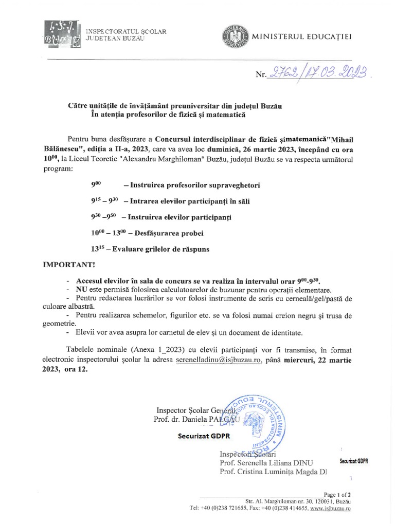 Concurs Fizica Si Matematica Mihail Balanescu | PDF