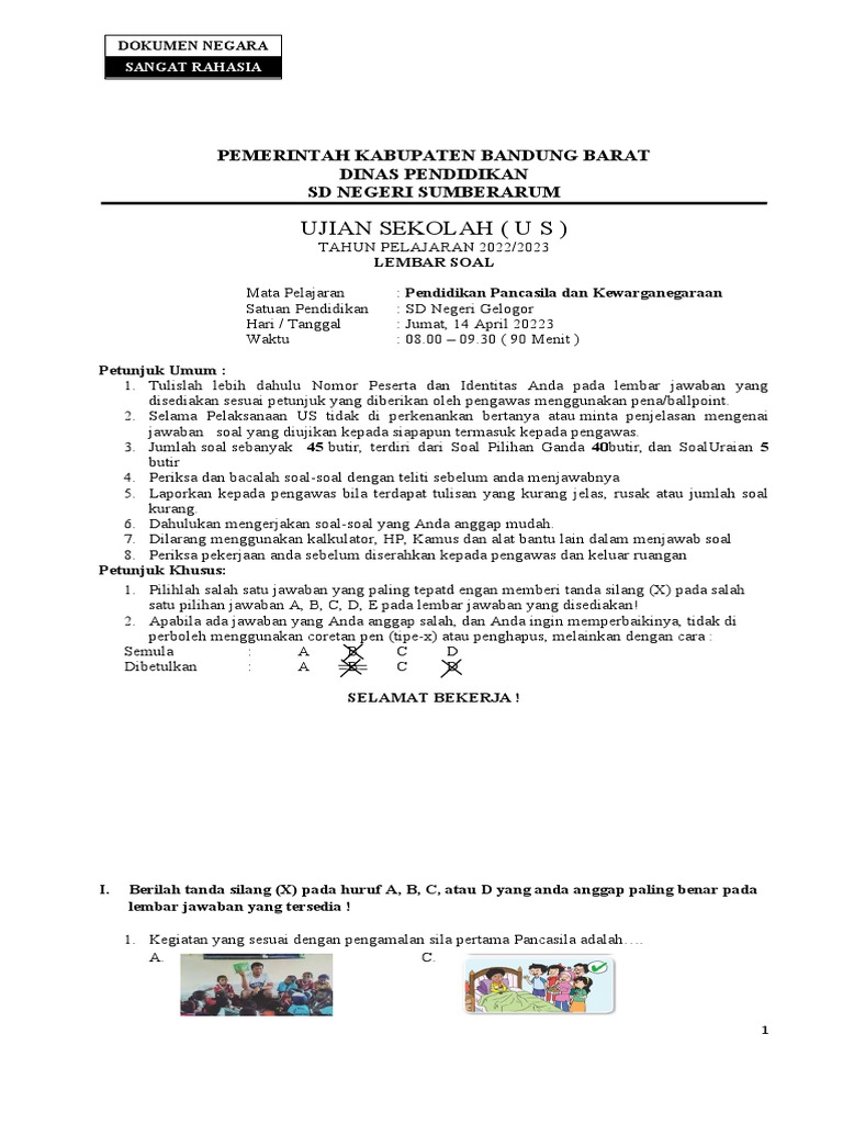 NASKAH SOAL US SD PPKN 2023 | PDF