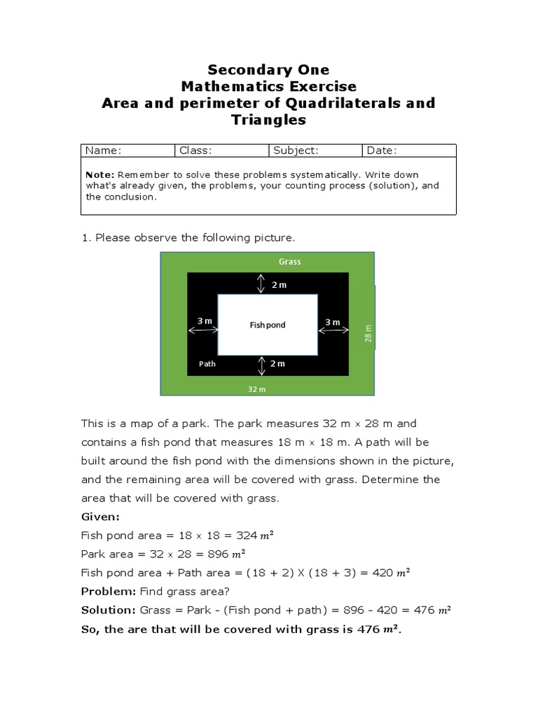 S1 Math Evaluation Exercises 2 Area Perimeter | PDF