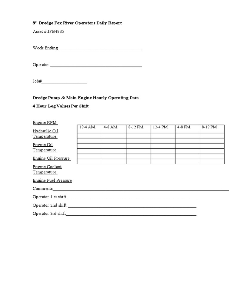 Dredge Fox River Operators Daily Report | PDF | Pump | Engines