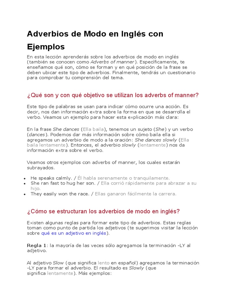 Adverbios de Modo en Inglés Con Ejemplos | PDF | Adverbio | Verbo