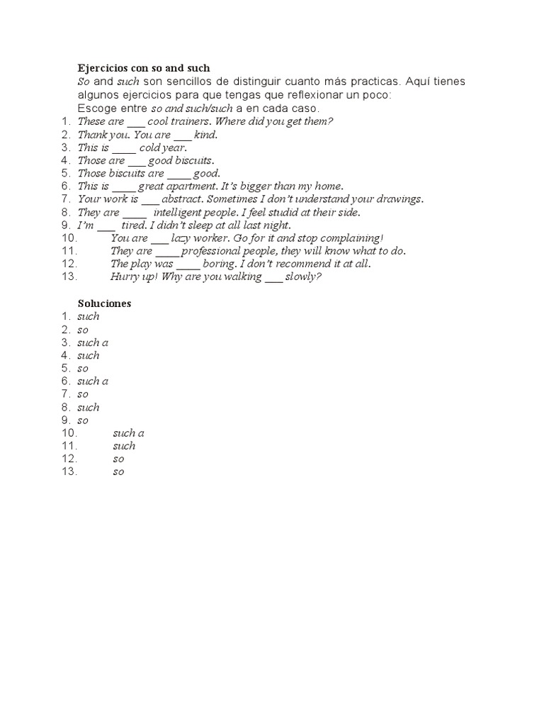 Ejercicios Con So and Such | PDF