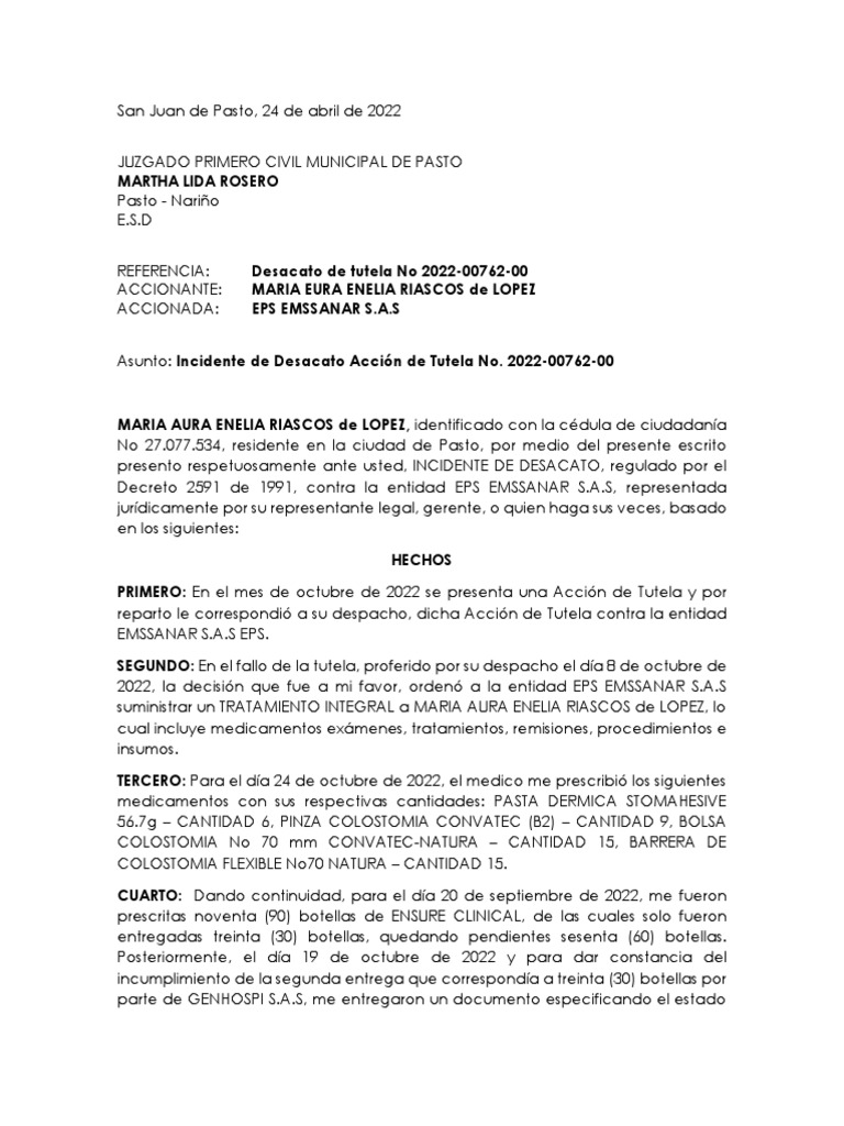 Desacato de Tutela contra EMSSANAR | PDF | Justicia | Crimen y violencia