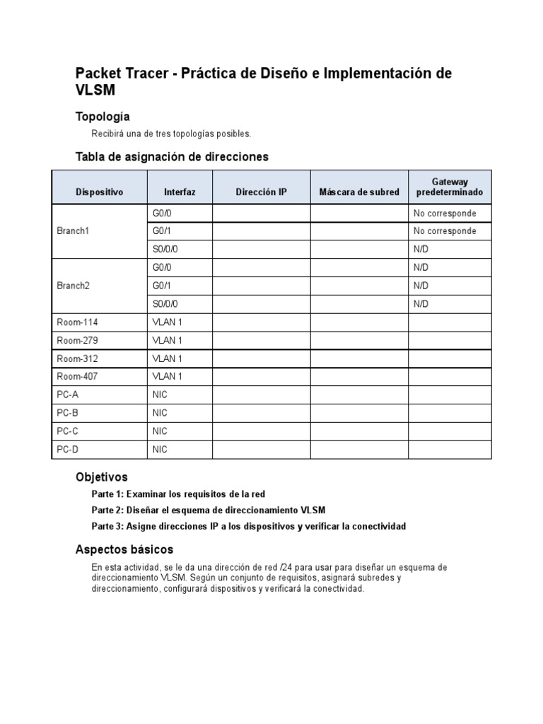 Packet Tracer - Práctica de Diseño e Implementación de VLSM: Topología Tabla de Asignación de ...