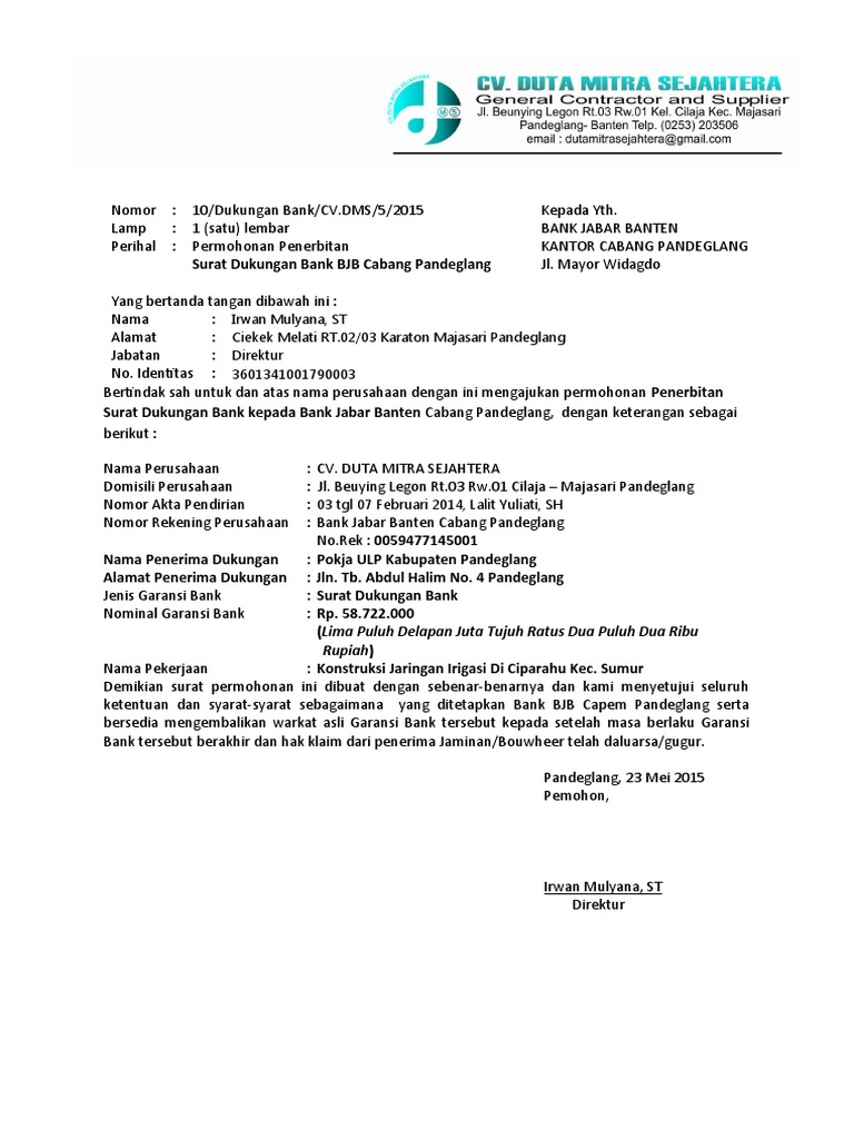 Permohonan Surat Dukungan Bank BJB | PDF | Pengelolaan Keuangan & Uang