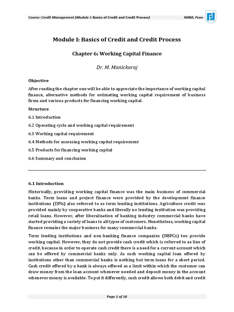 Module I: Basics of Credit and Credit Process: Chapter 6: Working ...