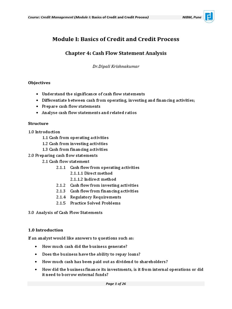 Module I: Basics of Credit and Credit Process: Chapter 4: Cash Flow Statement Analysis | PDF ...