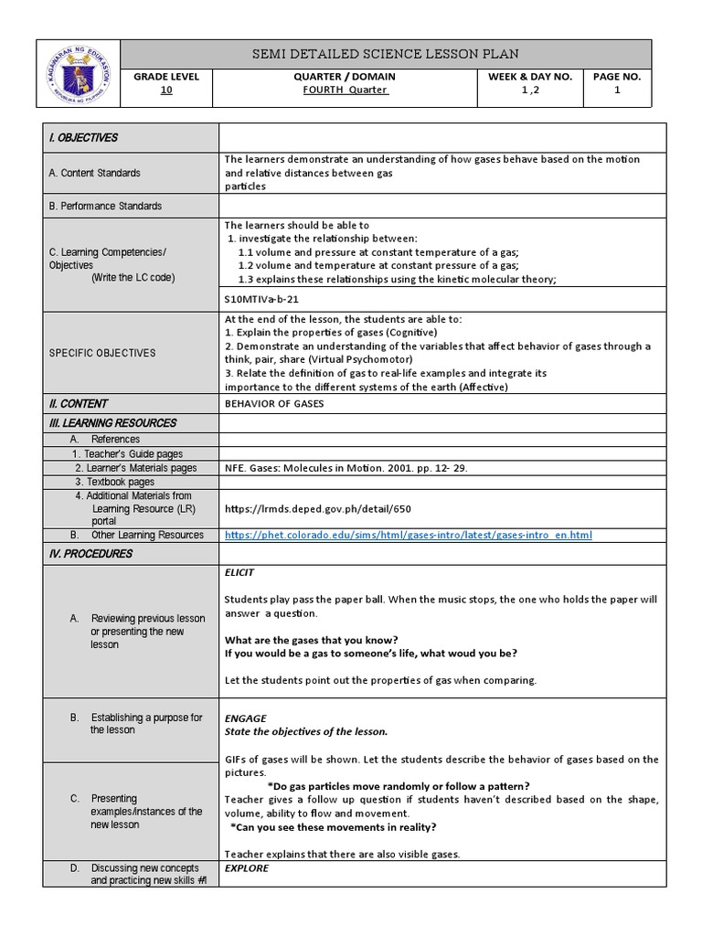 Grade 10 Lesson Plan: Gas Behavior | PDF | Gases | Temperature
