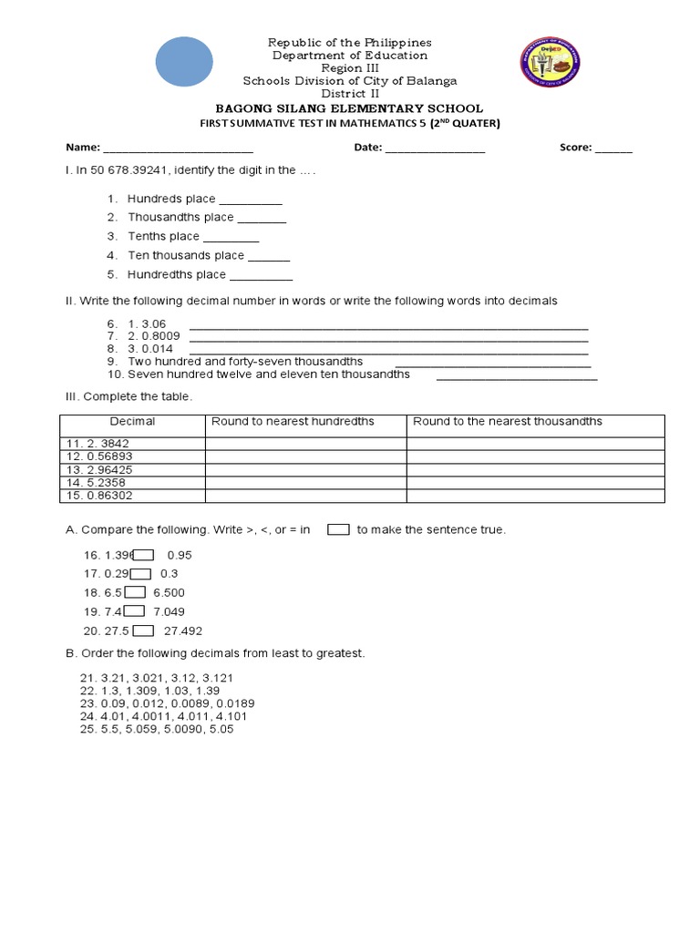 2ND QUARTER 1st ST Math 5,6, ESP, ENG, AP 5,6 | PDF | Manila | Arithmetic