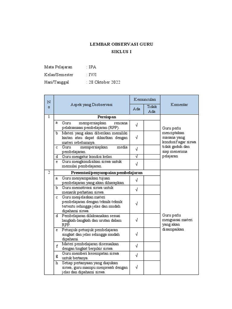 Observasi Guru IPA Kelas IV: Siklus I | PDF