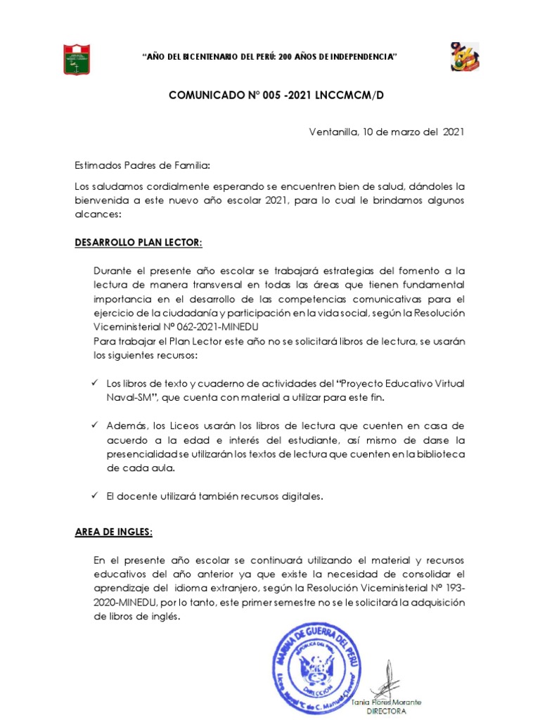 Comunicado 005 Plan Lector - Libros de Ingles Aprobado | PDF