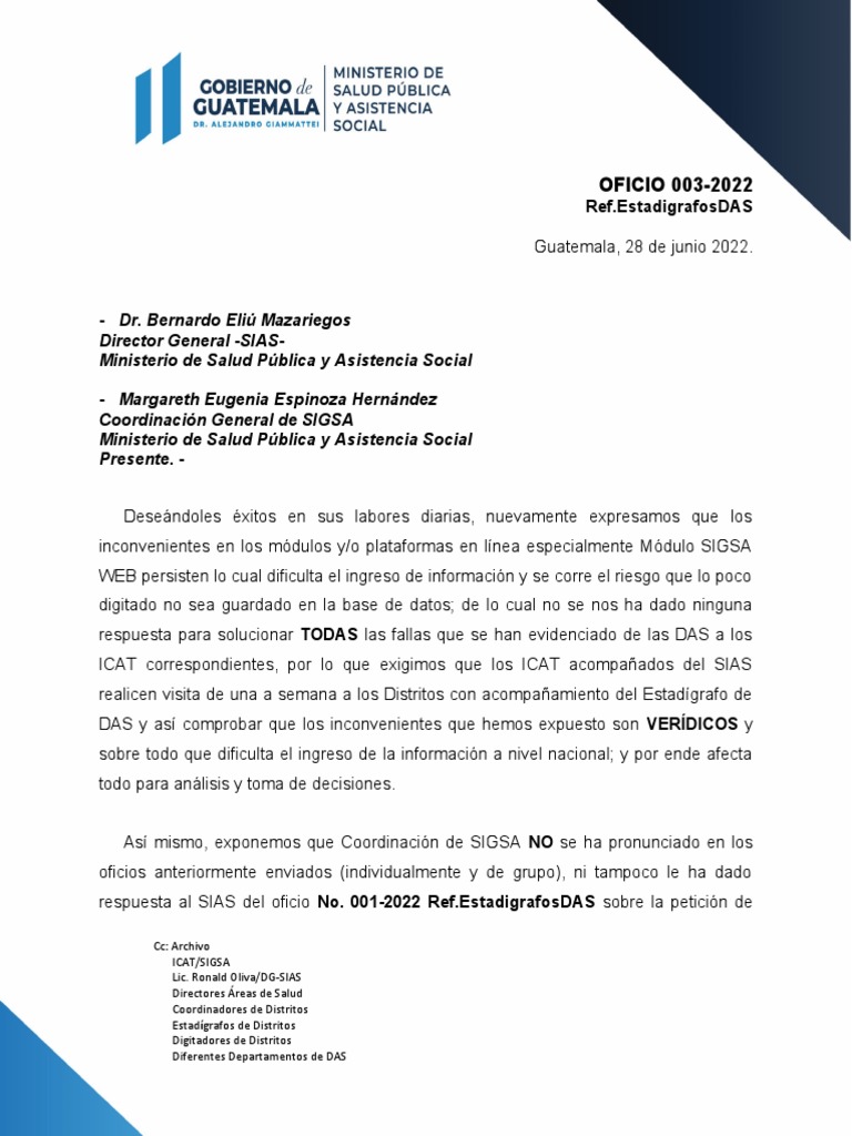 Oficio 003-2022: Ref - Estadigrafosdas | PDF