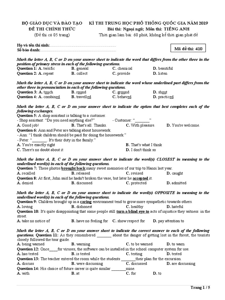 2019 Vietnamese National High School Graduation Examination - Official ...