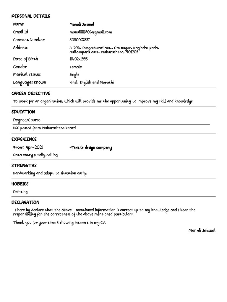 Resume - Manali Jaiswal - Format4 | PDF Resume - Manali Jaiswal - Format4 | PDF