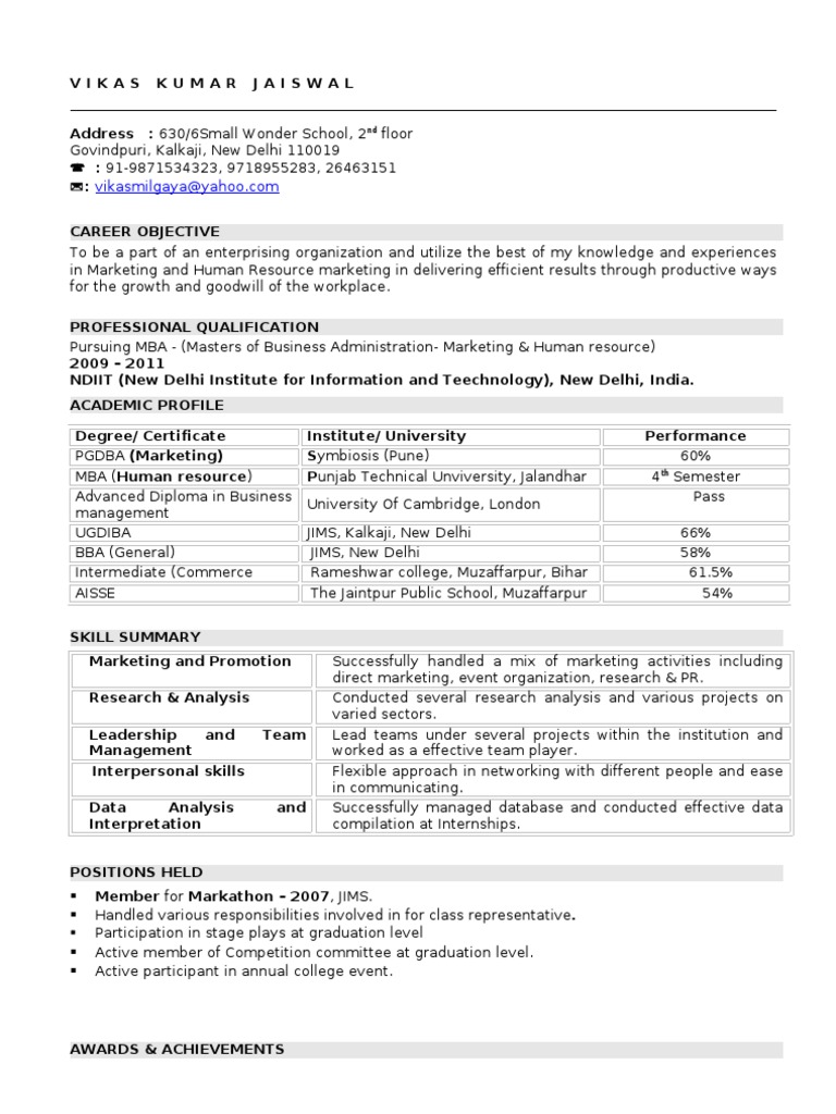 Vikas Resume | PDF | Master Of Business Administration | Marketing
