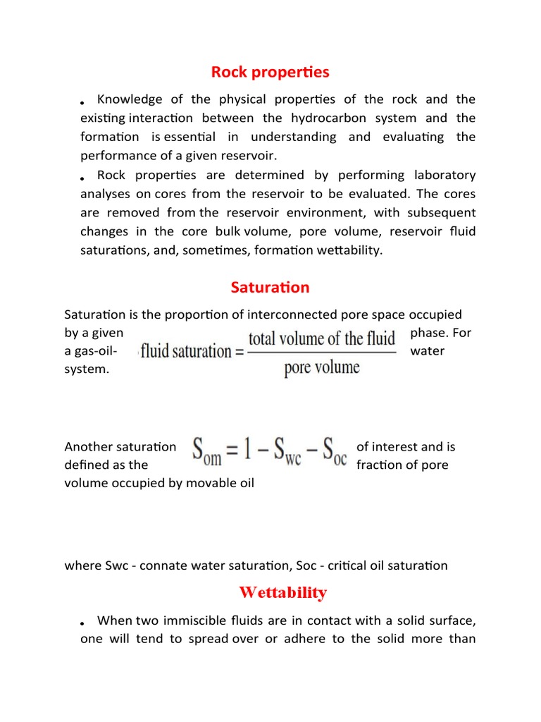 Rock Properties. Saturation. Wetability. Capillary Pressure | PDF ...