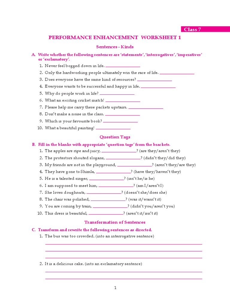 Performance Enhancementworksheet Class 7 | PDF | Adjective | Verb
