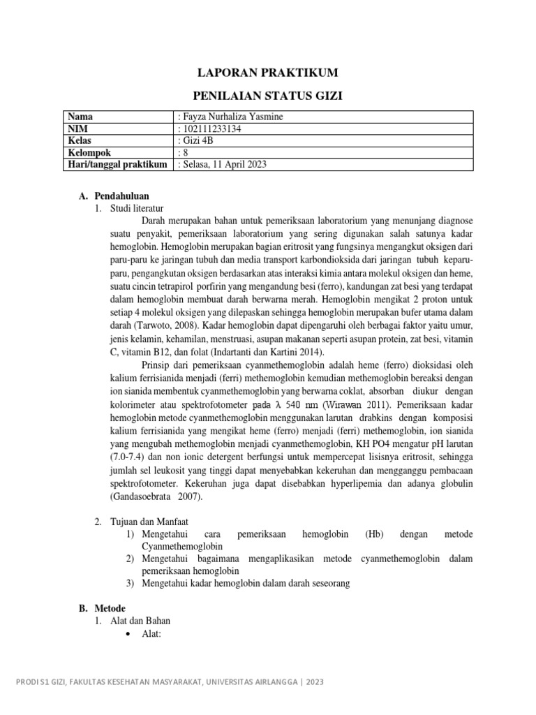 Laporan Praktikum PSG Hemoglobin - Fayza Nurhaliza Yasmine - 102111233134 | PDF