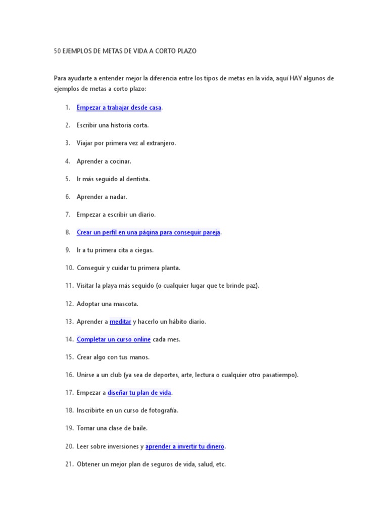 50 Ejemplos de Metas de Vida A Corto Plazo - 091448 | PDF | Motivación ...
