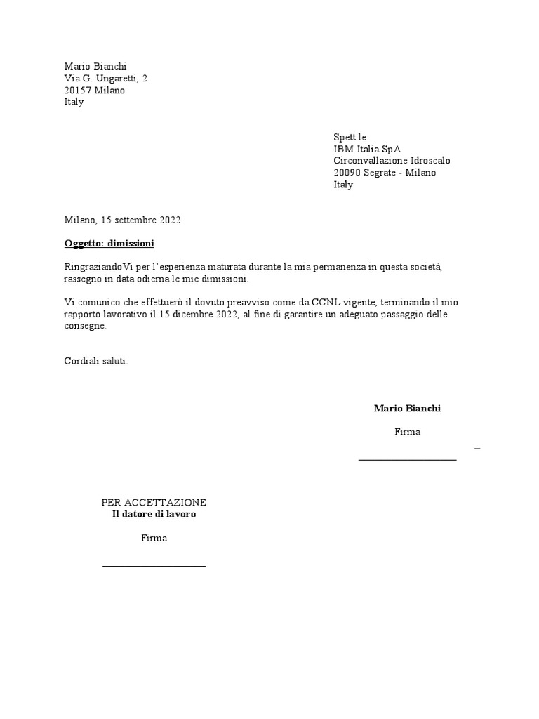 Fac Simile Esempio 6 Lettera Dimissioni | PDF