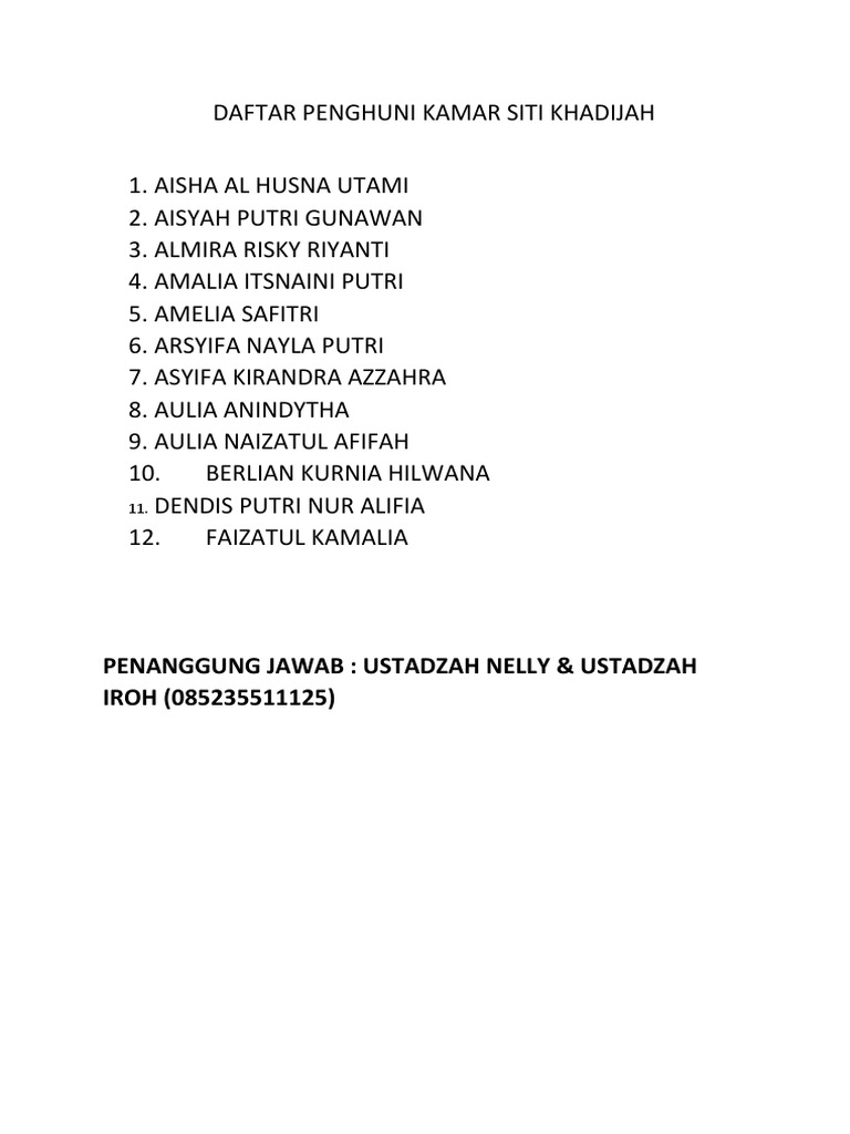 Daftar Penghuni Kamar Putri | PDF