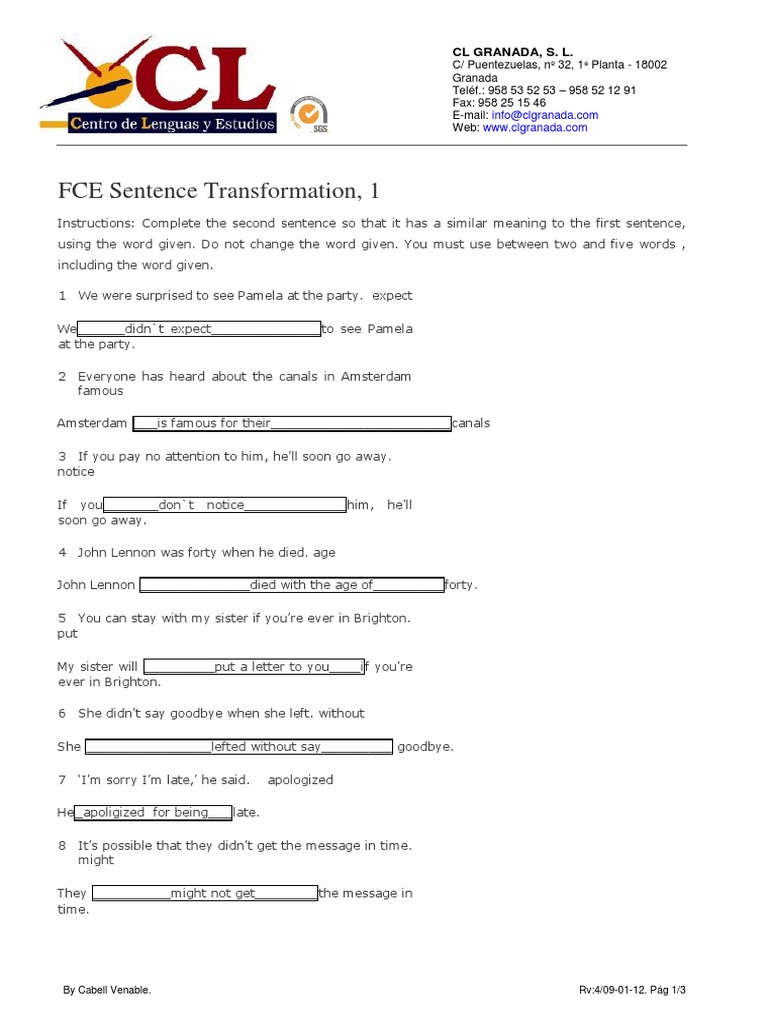 FCE Sentence Transformation, 1: CL Granada, S. L | PDF