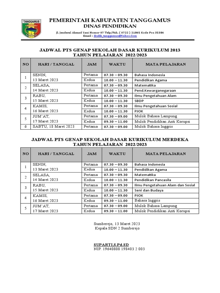 Jadwal Pts Semester Genap Dan Lus SD 2022.2023 | PDF