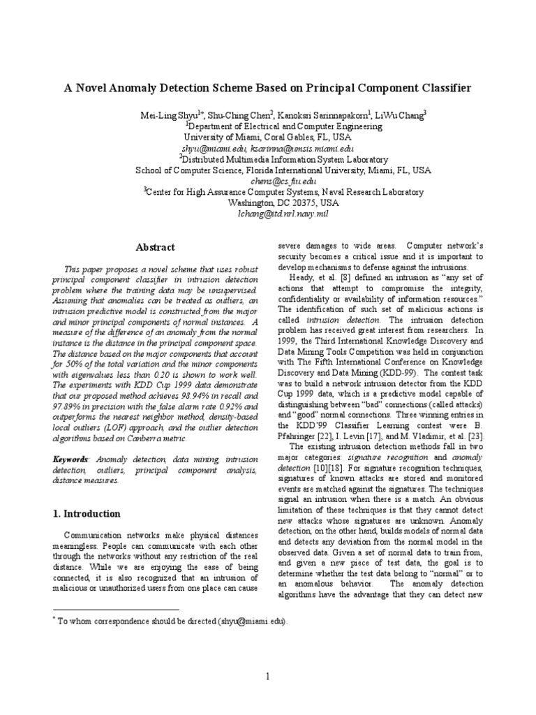 A Novel Anomaly Detection Scheme Based On Principal Component Classifier | PDF | Principal ...