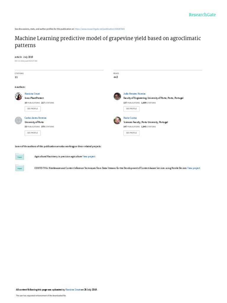 Machine Learning Predictive Model of Grapevine Yield Based On Agroclimatic Patterns | PDF