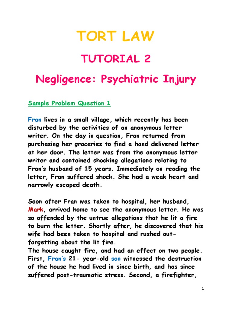 Question - Negligence-Psychaitric Injury - Question 1 | PDF
