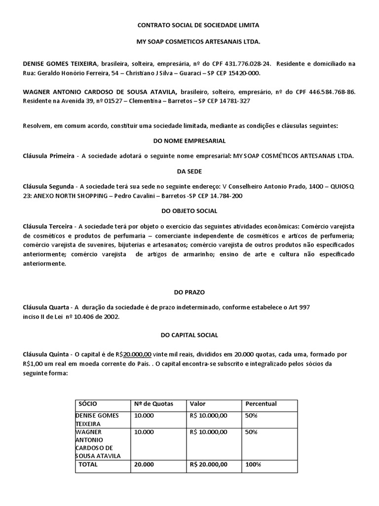 Contrato Social | PDF | Balancete | Direito Privado