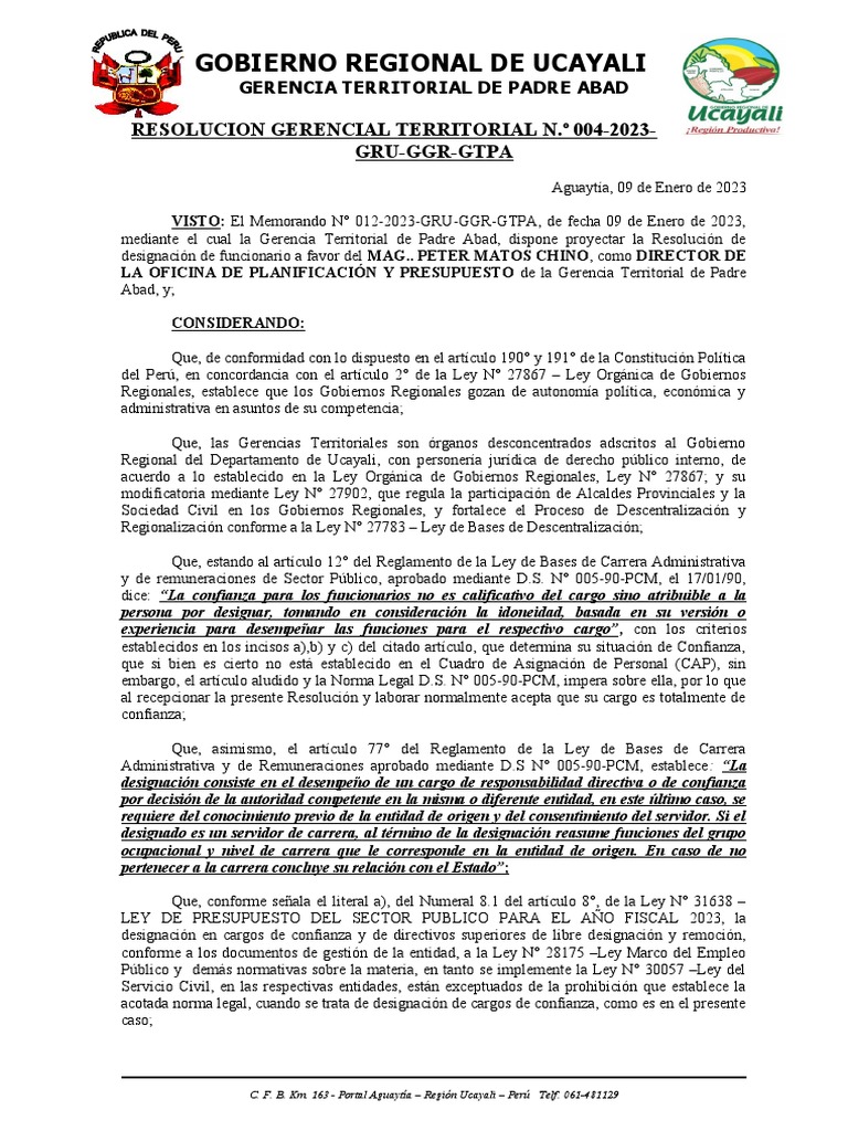 RESOLUCION GERENCIAL TERRITORIAL N 004-2023 - Planificación y Presupuesto | PDF | Gobierno ...