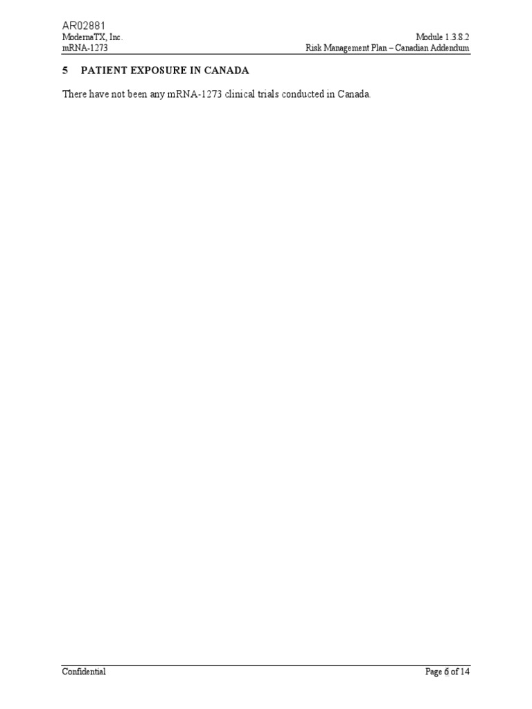 5 Patient Exposure in Canada: Modernatx, Inc. Mrna-1273 Risk Management ...