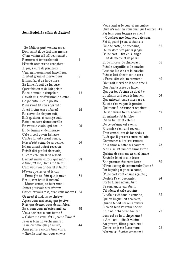 Le Vilain de Bailleul : Fabliau médiéval | PDF