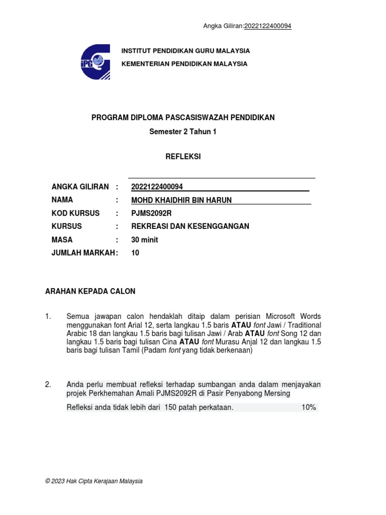 Penulisan Refleksi - PJMS 2092R 1 | PDF