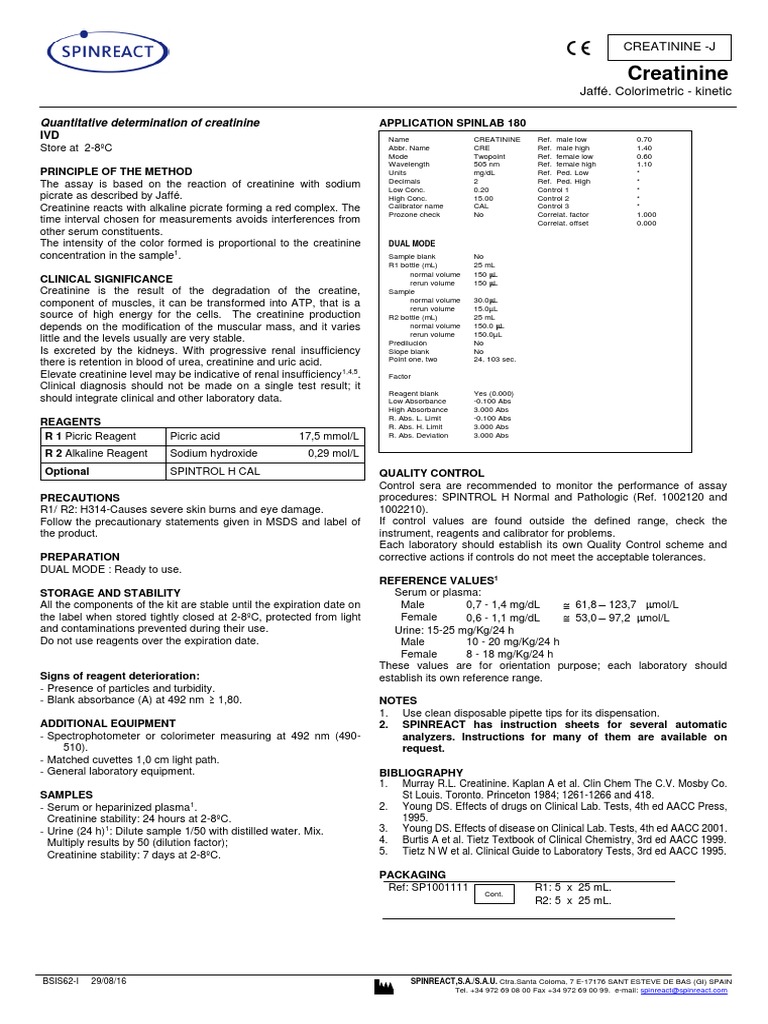 Creatinine Testing Methodology and Values | PDF
