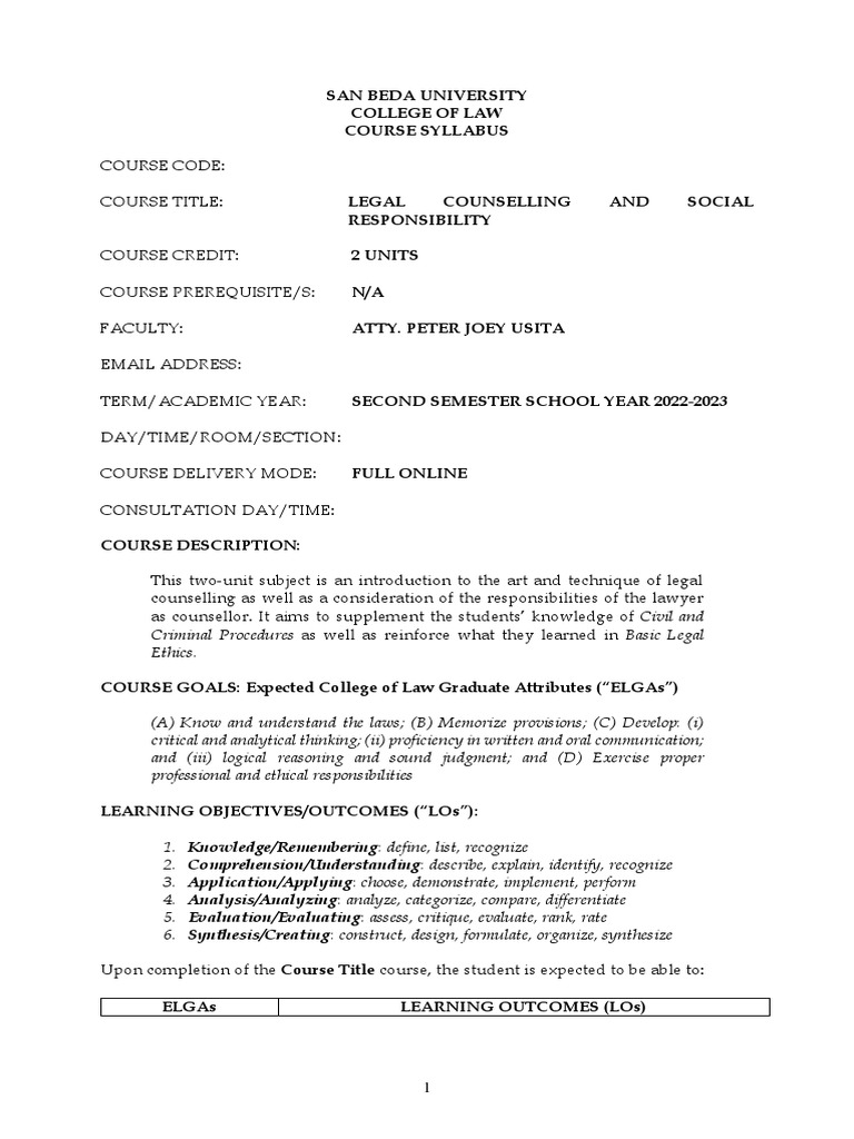 LegCoun Syllabus 2022-2023 | Download Free PDF | Lawyer | Practice Of Law