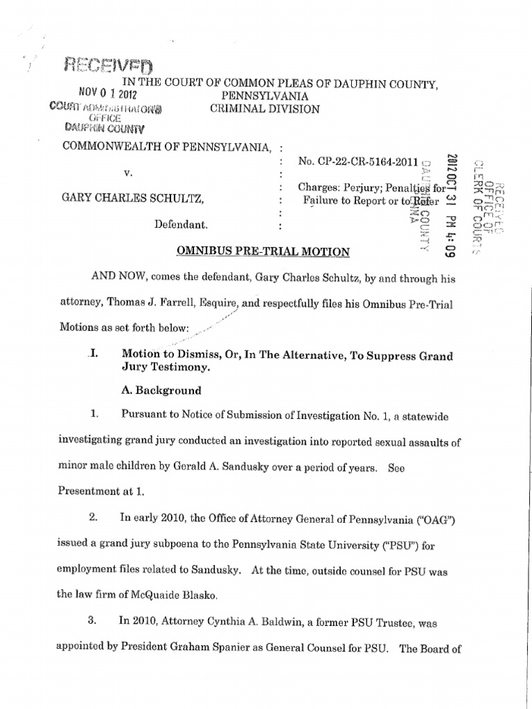 Schultz Omnibus Pre-Trial Motion 10-31-12 | PDF