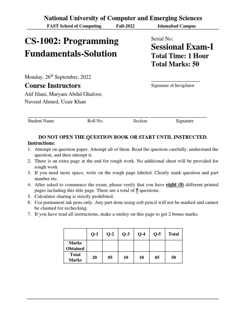 Sessional Exam Paper Fall 2022 Solution.docx | PDF | Namespace | Control Flow