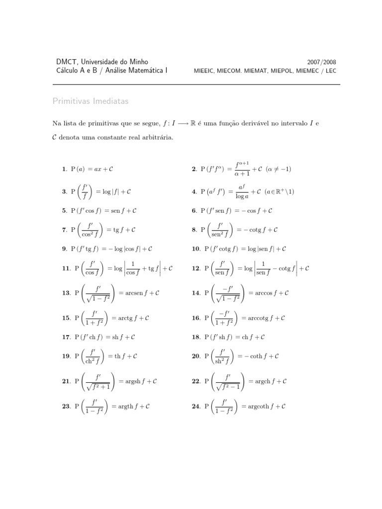 Tabela de Primitivas Imediatas | PDF | Teaching Methods & Materials