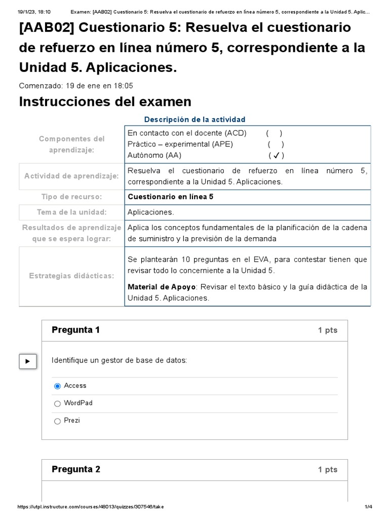 Examen - (AAB02) Cuestionario 5 - Resuelva El Cuestionario de Refuerzo en Línea Número 5 ...