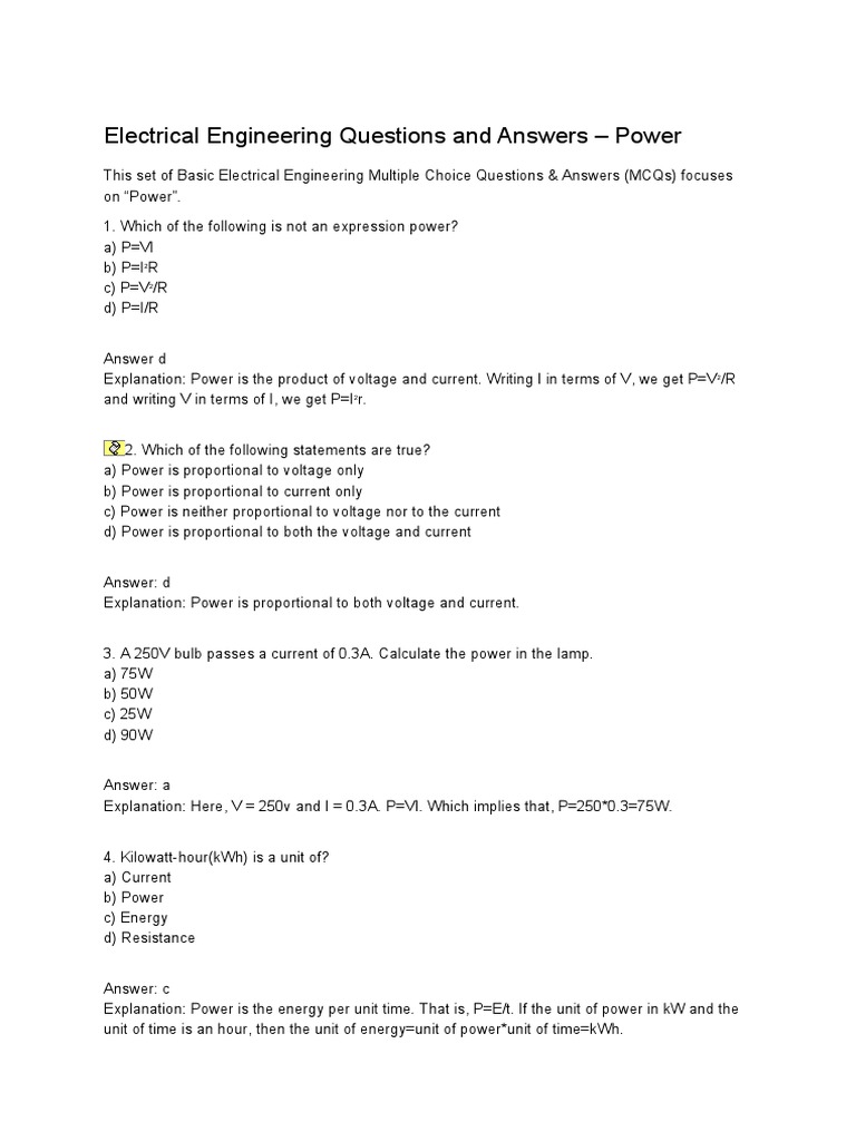 Understanding Electrical Power Concepts through Multiple Choice ...