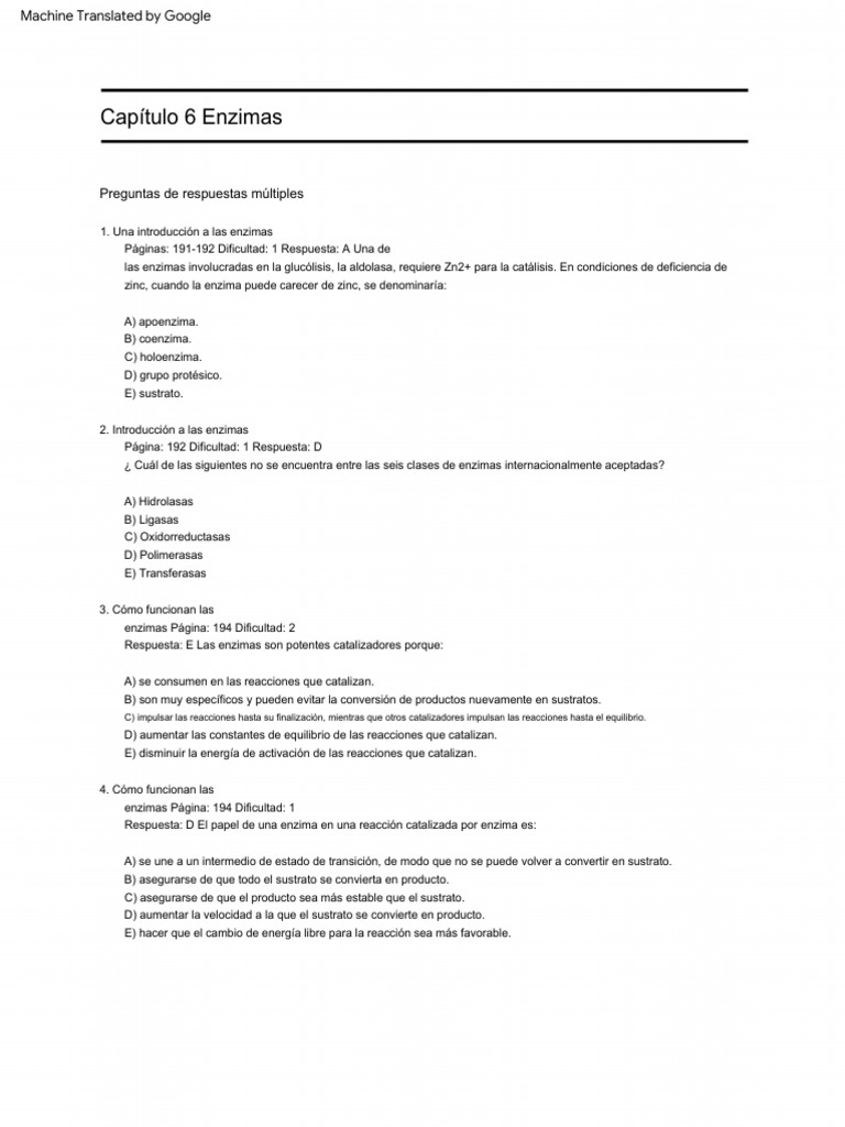 Capítulo 6 Enzimas: Preguntas de Respuestas Múltiples | PDF