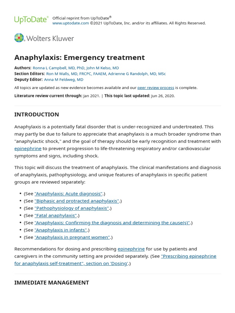 Anaphylaxis - Emergency Treatment - UpToDate | PDF | Intravenous ...