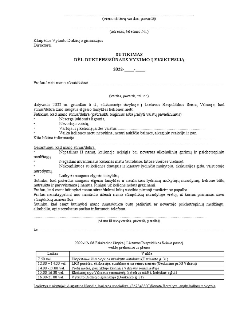 Sutikimas Dėl Dukters/Sūnaus Vykimo Į Ekskursiją 2022 | PDF