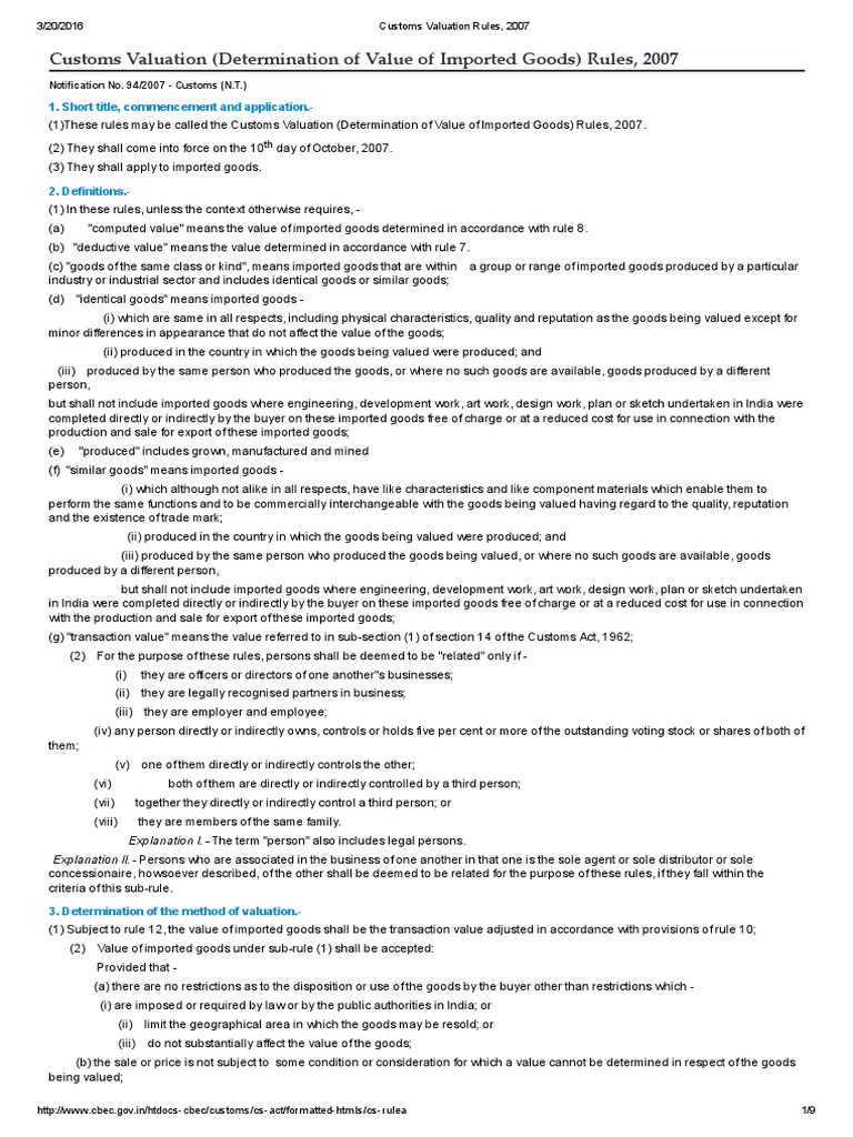 Customs Valuation Rules, 2007 | PDF | Prices | Sales