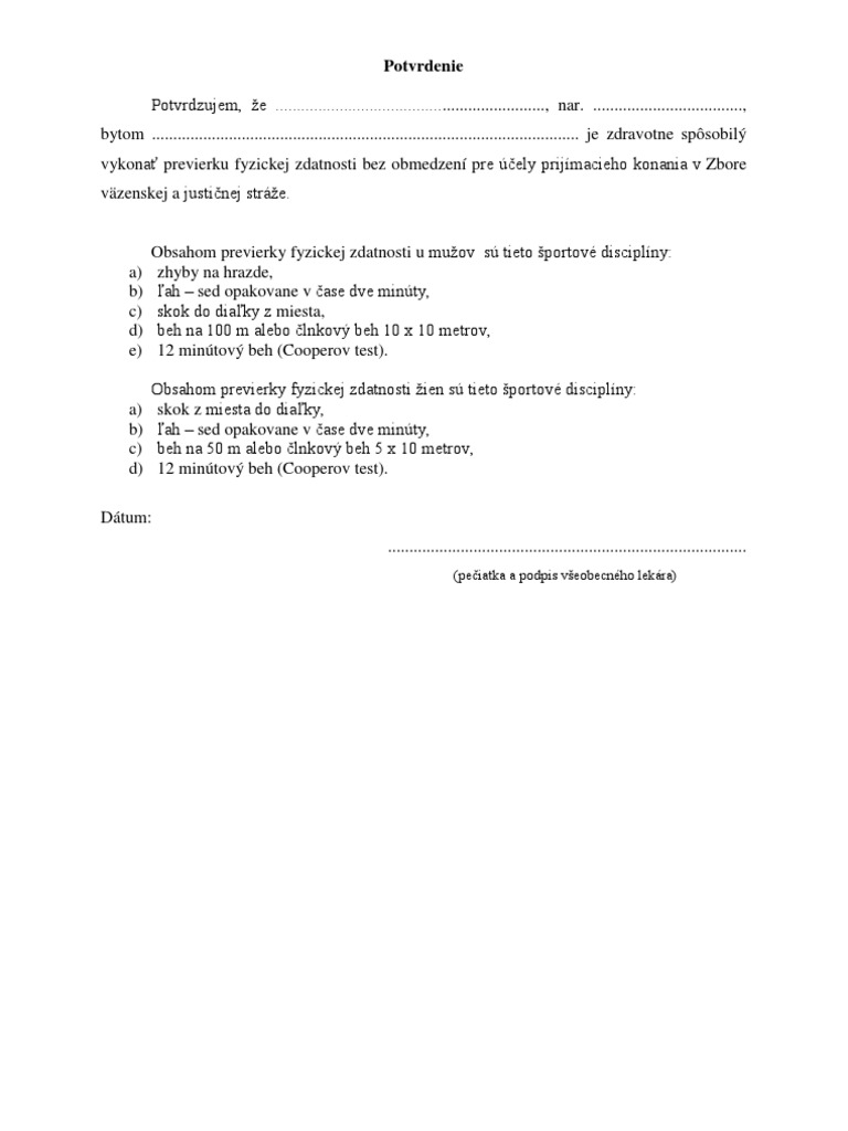 Tlačivo-Potvrdenie o Zdravotnej Spôsobilosti 1 | PDF