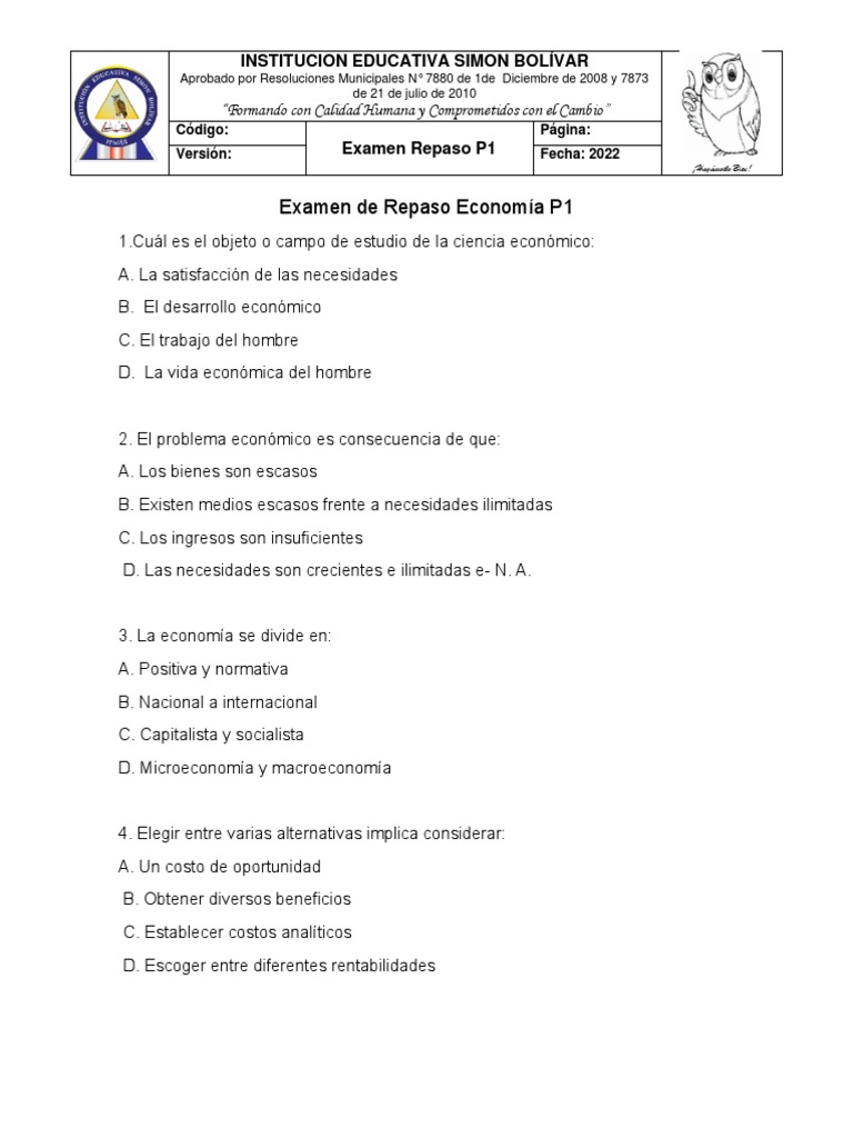 Examen de repaso de economía para primer año | PDF | Ciencias ... Examen de repaso de economía para primer año | PDF | Ciencias ...